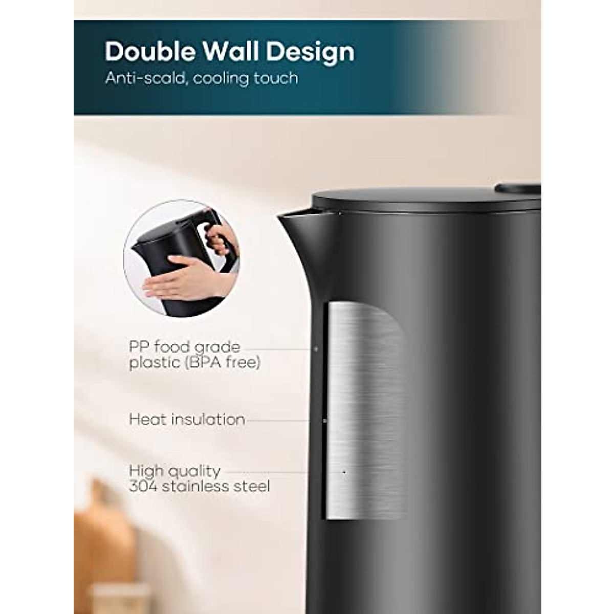 Electric Tea Kettle, INTASTING Double Wall Electric Kettle with Seamless Stainless Steel Inner, 1500W Fast Heating, 1.5L Hot Water Boiler, Auto Shut-Off & Boil Dry Protection, BPA-Free, LED Indicator (Matte Black)