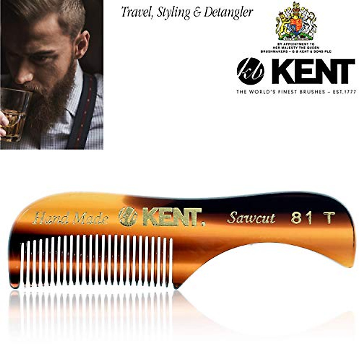 Kent A 81T (2.8") Pocket Comb & Beard Comb for Mustache and Beard - Travel Kit Beard Comb for Grooming/Beard Care - Fine Tooth Comb Mustache Comb Kent Comb for Mustache Kit Beard Grooming Styling Comb