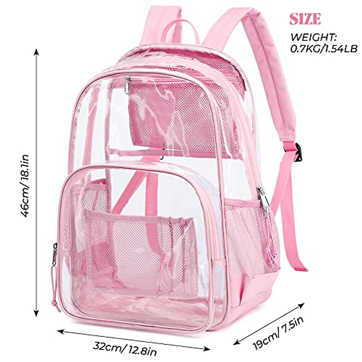 MIRLEWAIY Lightweight durable See Through Book Bag Stadium Approved Schoolbag Heavy Duty Mesh school Backpack with Inner Compartment, Pink