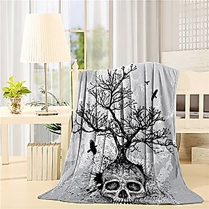 SIGOUYI Lightweight Fleece Blankets Reversible Throw Cozy Plush Microfiber All-Season Blanket for Bed/Couch - Throw 40x50 Inch, Skull Tree Grey
