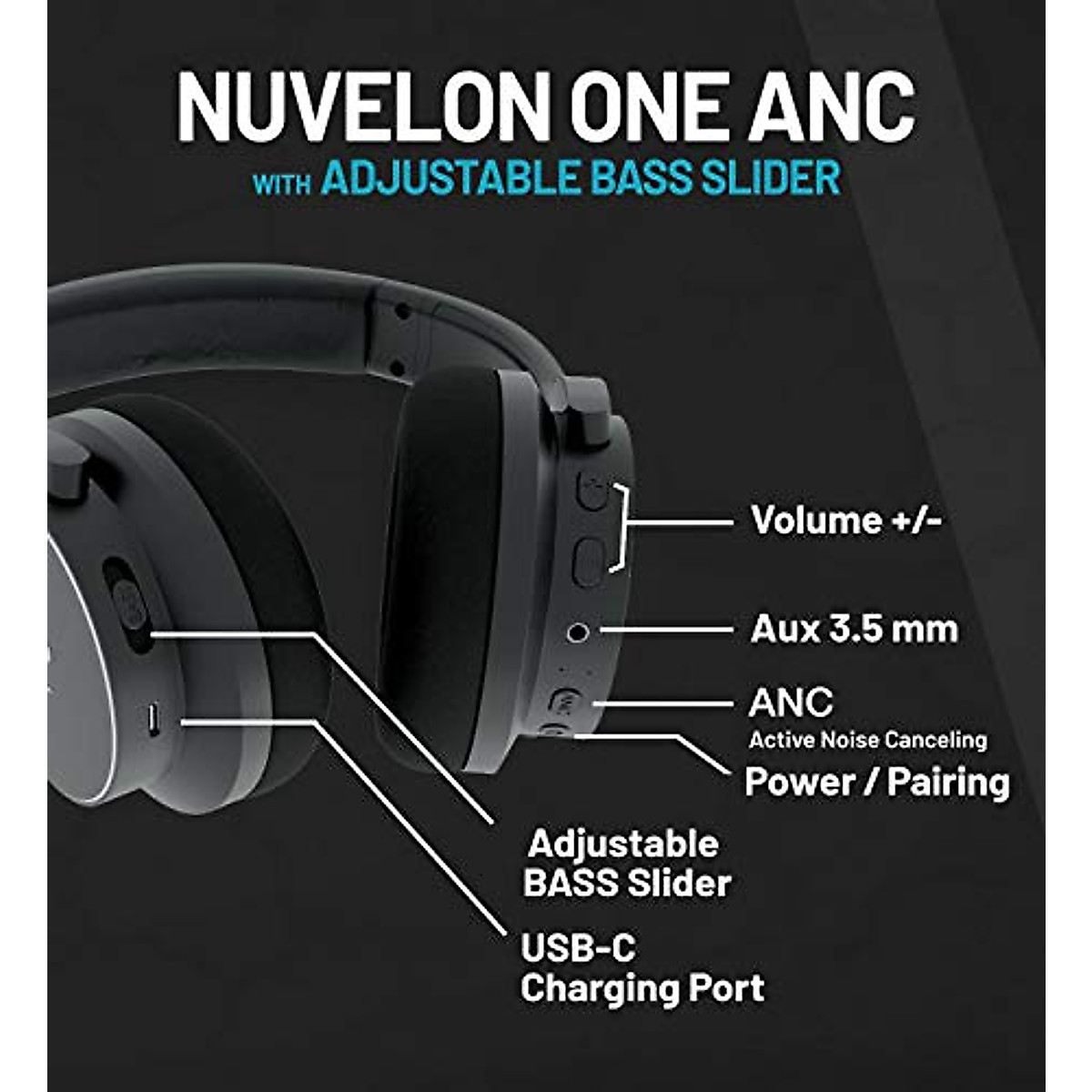 Nuvelon ONE Active Noise Canceling Headphones with Adjustable Bass, Wireless Over-Ear Bluetooth Headphones