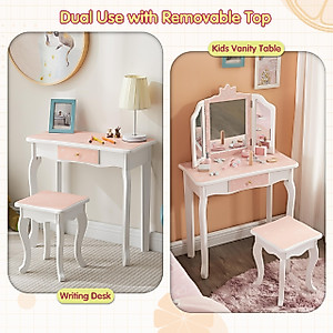 Kids Vanity Table & Stool Set, Girls Vanity Set with Detachable Tri-Folding Mirror and Drawer, 2 in 1 Princess Makeup Dressing Table and Writing Desk for Girls, Kids Age 3-8 (Pink)