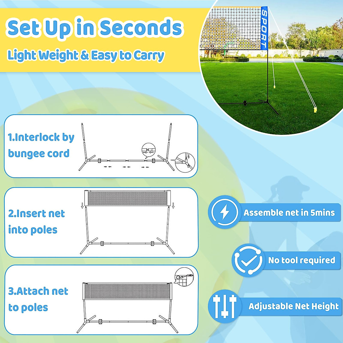 Pickleball Net, Pickleball Set with Net, Indoor Outdoor 17ft x 3-5ft Height Adjustable Pickle Ball Net, Pickleball, Badminton, and Volleyball All-in-One Net w/Pickleball Paddles, Badminton Rackets