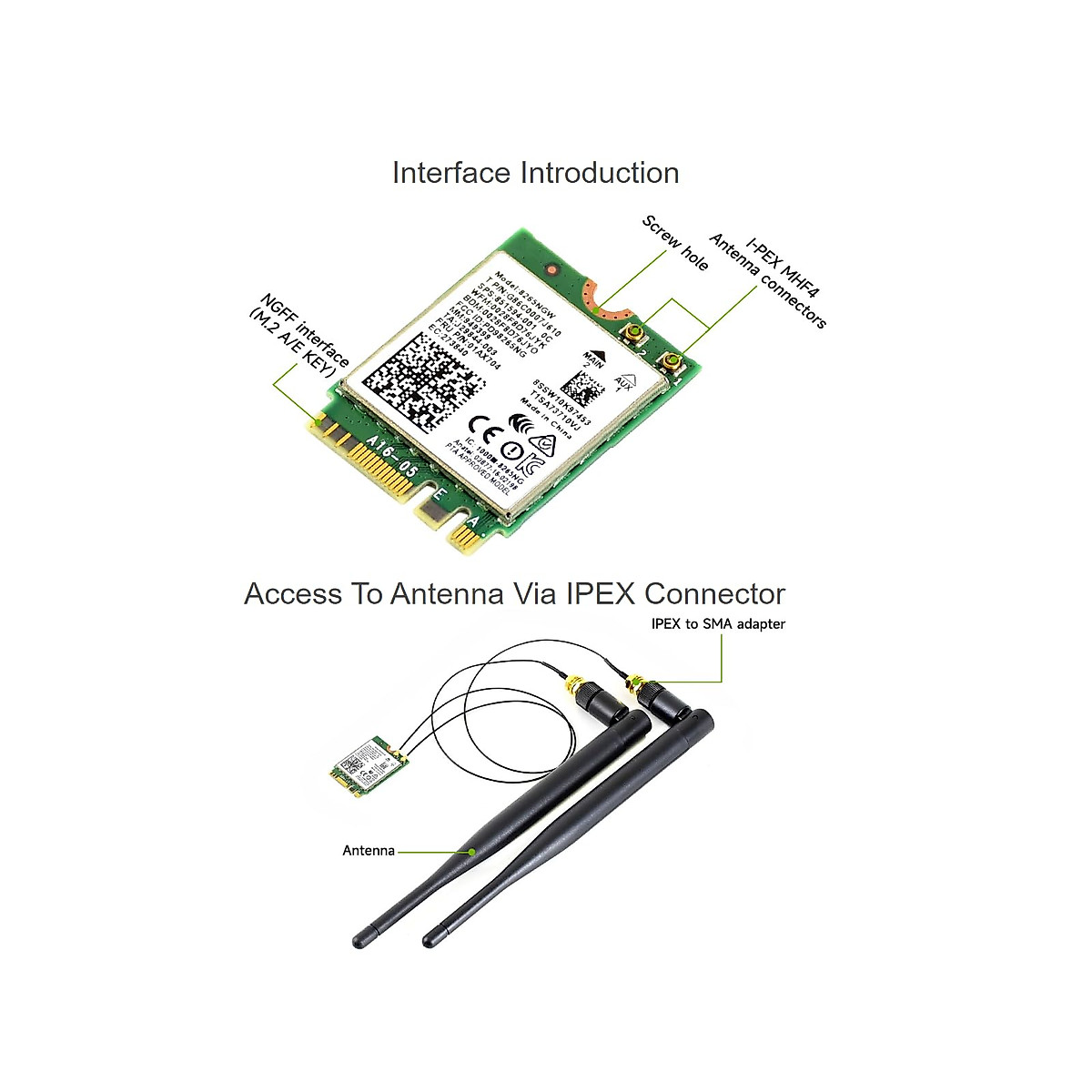 Wireless-AC8265 Dual Mode AC8265 Wireless NIC Module for Jetson Nano Developer Kit M.2 NGFF Support 2.4GHz / 5GHz 300Mbps / 867Mbps Dual Band WiFi and Bluetooth 4.2