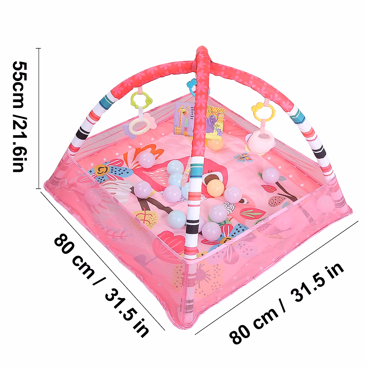 Baby Gym and Infant Play Mat Newborn Crawling Activity Center Soft Early Development Playmats with Safety Net and Ball and Hanging Toys (Pink)