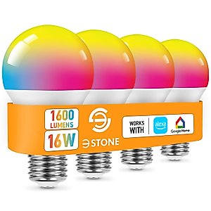 3Stone 4Pcs Smart Light Bulbs 1600 Lumens WiFi LED Color Changing A21 Bulb 100W Equivalent Dimmable 2700K-6500K RGBCW, Tunable White Works with Alexa, Google Home 2.4Ghz Only, No Hub Required (4)