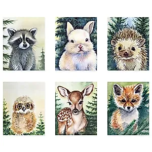 Woodland Creatures Nursery Wall Art Prints Set of 6 for Home Decor (8 x 10 Inch Unframed on Premium Fine Art Matte Paper) Features a Raccoon, Fox, Rabbit, Hedgehog, Deer and Owl