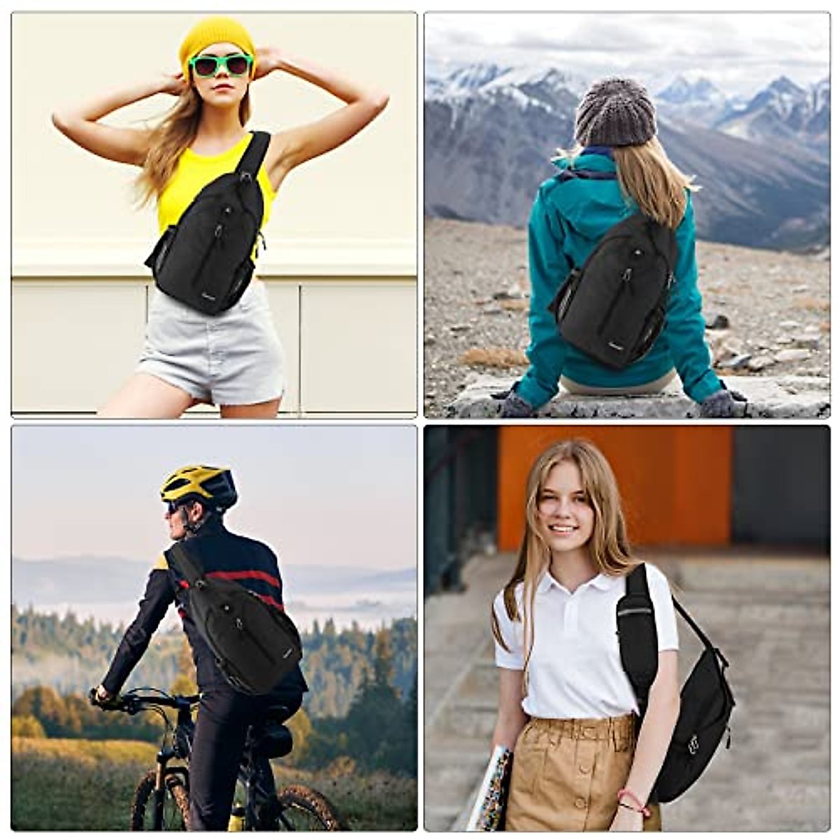 Fancosni Crossbody Sling Bags for Women Men, Black Sling Backpack, Lightweight Shoulder Bag, Multipurpose Sling Bag for Travel, Hiking, Shopping, Walking, Biking, Cycling, Earphone Hole, Chest Bag