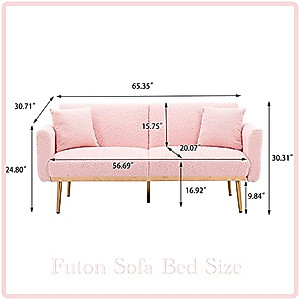 yunqishi JIANJIE 65.35" Modern Teddy Fabric Futon Sofa Bed, Small Sleeper Sofa Loveseat with 2 Pillows for Small Spaces, Upholstered Convertible Couch for Living Room Bedroom Office (Pink)