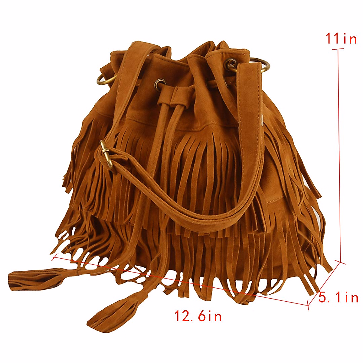 Heidi Bag Women's Fringed Bucket Purse Tassel Faux Suede Shoulder Bag Ring Top-Handle Crossbody Bag (brown)