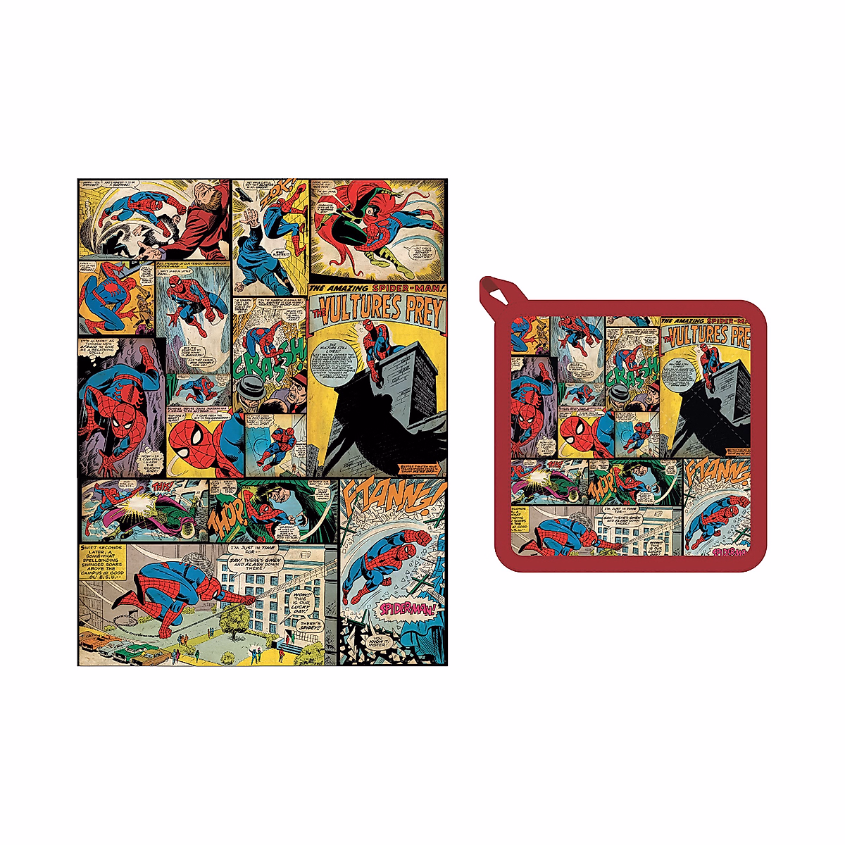 Marvel Spider-Man Retro Comic Book Style Kitchen Dish Towel and Pot Holder Set Multicolored