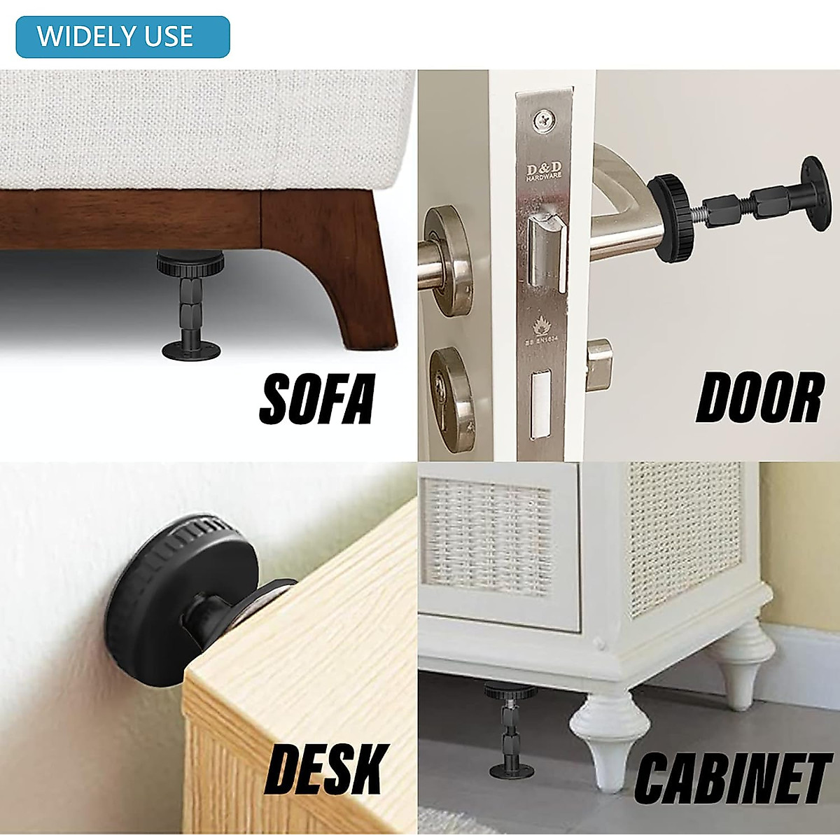 SOLIPECT 4PC Black Headboard Stoppers for Wall，Adjustable Bed Frame Anti-Shake Tool, Stop Headboard Movement, Protect Walls, Easy to Install(30-112mm)