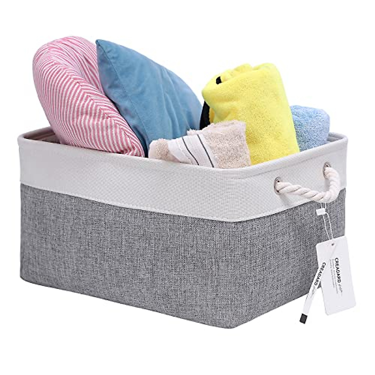 Fabric Storage Basket, Foldable Linen Storage Box for Nursery and Home, Collapsible Canvas Shelf Basket for Wardrobe or Bedroom, Grey and White