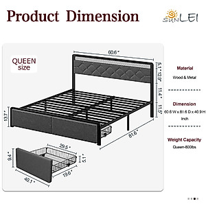 SUNLEI Queen Size Bed Frame with 2 Drawers, Metal Platform Bed with Led Light Button Tufted Headboard, Strong Metal Slats, Easy Assembly, No Box Spring Needed, Modern, Black