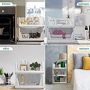 MVSRWLL Stackable Plastic Storage Basket Bin Shelf Box for Closet Wardrobe Organizer 8 Pack Foldable Clothes Drawer Storage Container for Cupboard Kitchen Bathroom Bedroom Office (White)(4L4S)