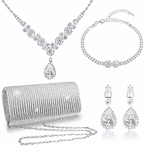 VAIPI 4 Pieces Rhinestone Jewelry Set with Purse for Women Sliver Bling Prom Crystal Jewelry Set With Glitter Rhinestone Necklace Choker Bangle Dangle Earrings and Clutch for Bridal Wedding Party