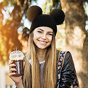 Livingston Women Beanie Hat Cable Knit Double Pompom Ears Winter Hat Cute Beanie for Women Knit Pom Beanie for Winter, Black Beanie