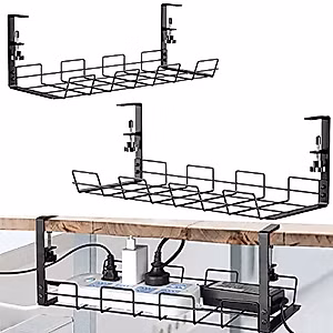 No Drill Under Desk Cable Management Tray, 2 Pack Desk Wire Management Cable Tray Sturdy Alloy Steel Wire Organizer Under Desk Basket for Office and Home Standing Desk
