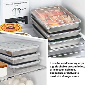 YAMAZEN, 7-Piece Set Stainless Steel Stackable Kitchen Food Containers With Flexible Clear Lids & Stainless Steel Strainer | Marinade Storage Trays | Refrigerator Fridge Freezer | Storage Kitchen