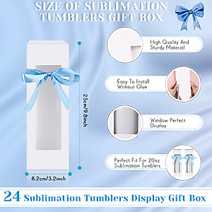 PerKoop 24 Pcs Tumbler Gift Boxes with Ribbon Sublimation Tumbler Transparent Exhibition Gift Boxes 12 oz, 20 oz, 30 oz Heat Press Sublimation Blanks Skinny Tumbler Gift Wrapping (White, Blue)