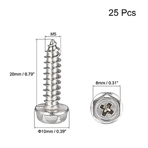 uxcell Phillips Hex Washer Self Tapping Screws, M5 x 20mm 304 Stainless Steel Hex Flange Sheet Metal Screw 25pcs