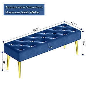 Lamerge Velvet Entryway Bench, Modern Upholstered Tufted Ottoman Stool with Embedded Crystal, Footrest Accent Bench end of Bed Stool for Doorway, Living Room, Lock Room, Bedroom 44"×15"×18" (Blue)