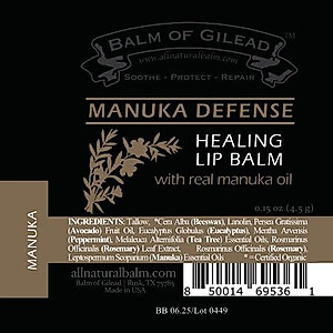 BALM OF GILEAD Manuka Defense Healing Lip Balm - Intensive Moisture Therapy in Tube w/Manuka, Tea Tree & Cooling Peppermint - Ideal for Chapped & Cracked Lips - Beauty Pack Of 4-0.15 oz