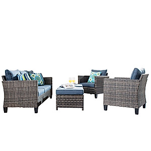 XIZZI Patio Furniture Sets Outdoor Conversation Set 5 Piece All Weather Wicker Sofa Sectional with Ottomans and 2 Pillows for Garden Backyard Deck,Grey Wicker Denim Blue