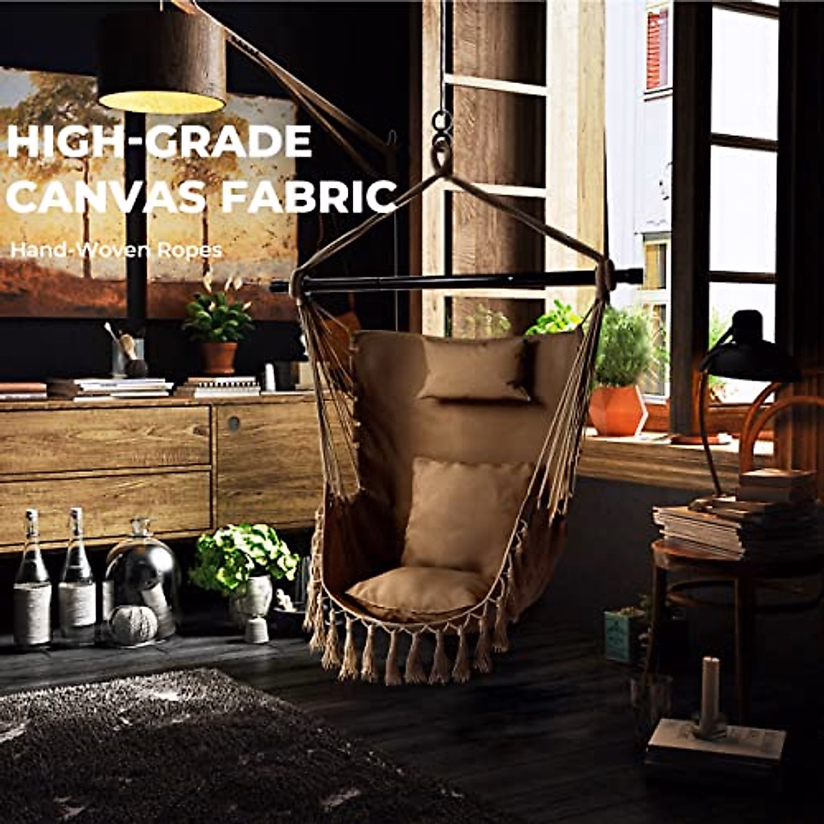 Giantex Hanging Chair Hammock Swing Chair - with Sturdy Steel Hanging Bar, Comfortable Headrest Pillow, 2 Cushions, Pocket Macrame Swing Chair for Bedroom, Living Room, Max 330 Lbs Swing Seat (Beige)