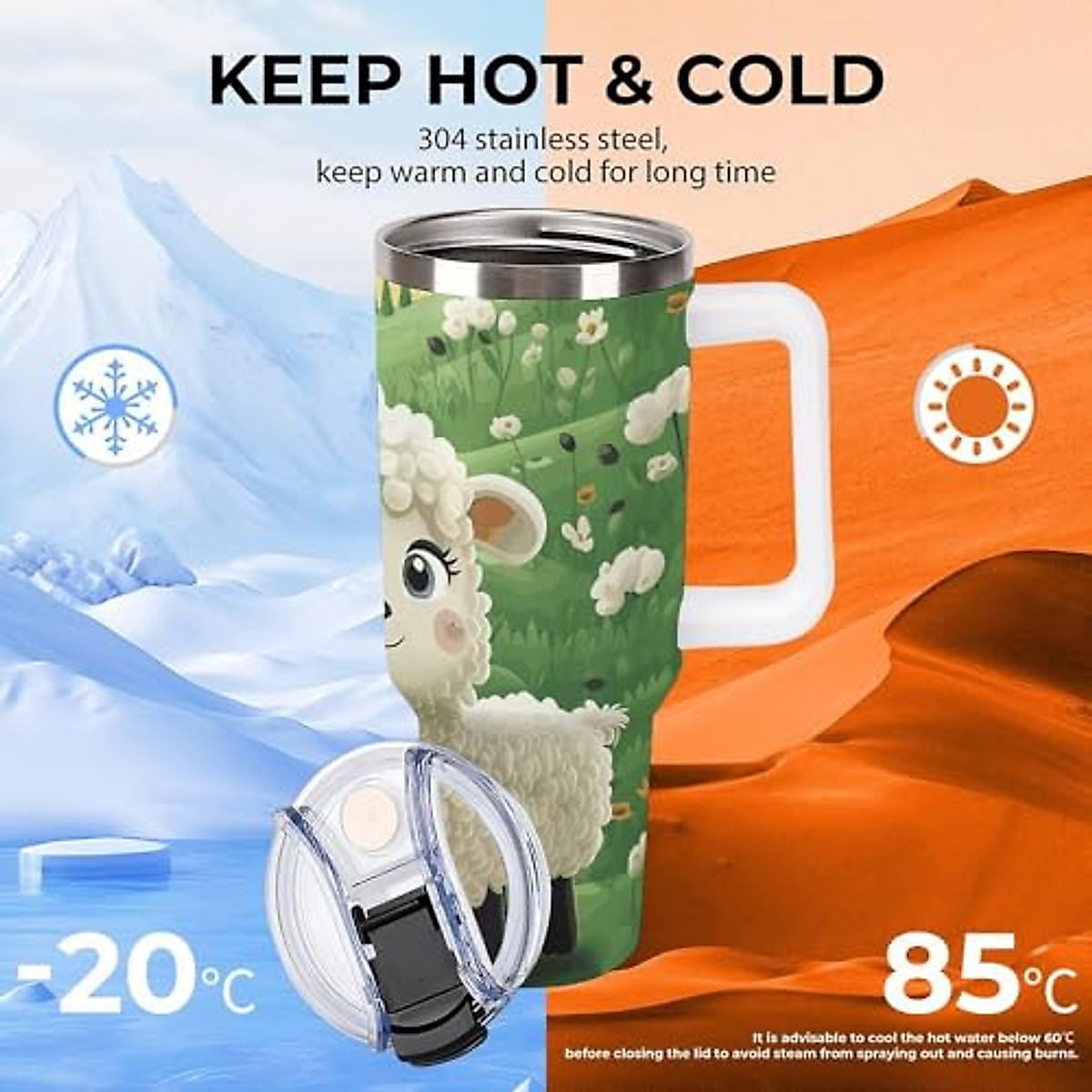 LLUTSNTH 40 Oz Vacuum Tumbler with White Handle Leakproof Insulated Tumbler Cute Cartoon Sheep Stainless Steel Travel Mug with Lid And Straw Coffee Cup Cute Water Bottles Cup Holder Friendly