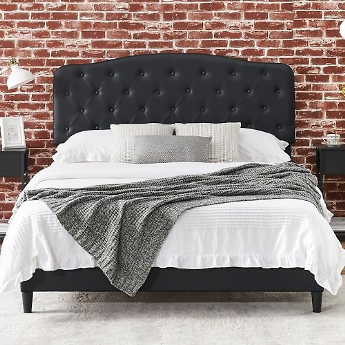 GAOMON Queen Size Platform Bed Frame with Button Tufted Headboard, Faux Leather Upholstered Mattress Foundation, Wooden Slat Support, No Box Spring Needed, Black