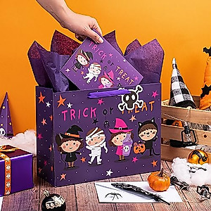 WRAPAHOLIC 13" Halloween Large Gift Bag with Card and Tissue Paper - Adorble Child and Trick or Treat Lettering Design