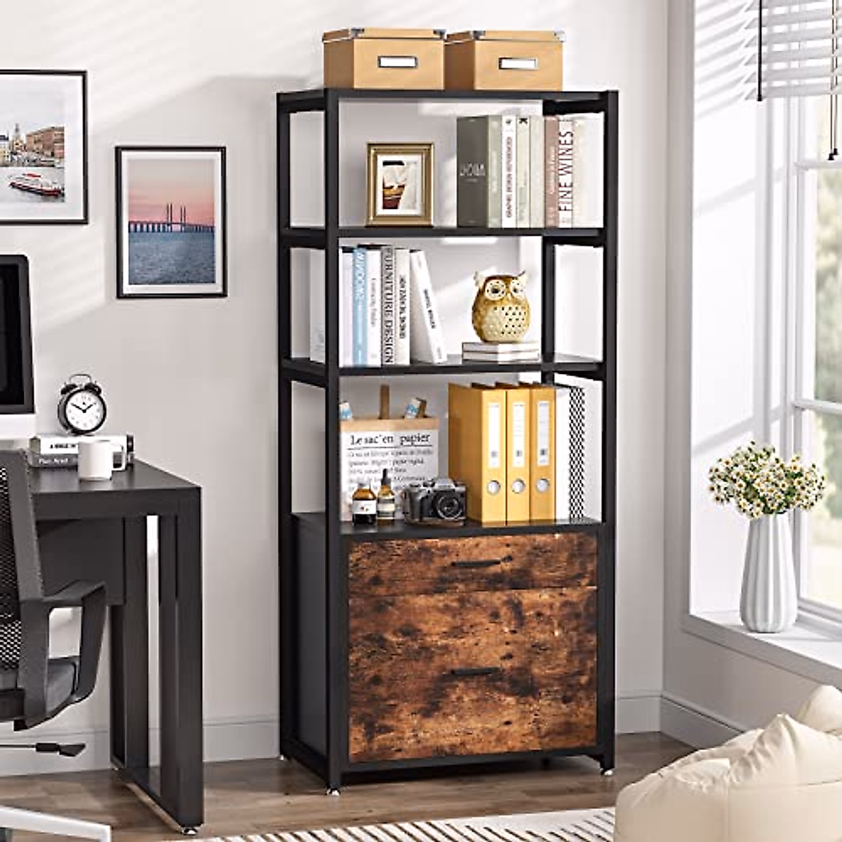 Tribesigns Bookcase Bookshelf, 4-Tier Modern File Cabinet with 2 Drawers, Lateral Filing Cabinet accommodate Legal/Letter / A4 Size for Home Office Organizer