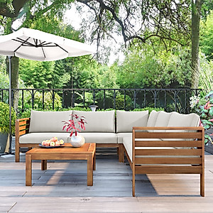 Patio Furniture 4 Pieces Conversation Sets, Acacia Wood Outdoor Sectional Furniture Conversation Sets with Cushions and Coffee Table for Garden Backyard Balcony and Porch (Beige)