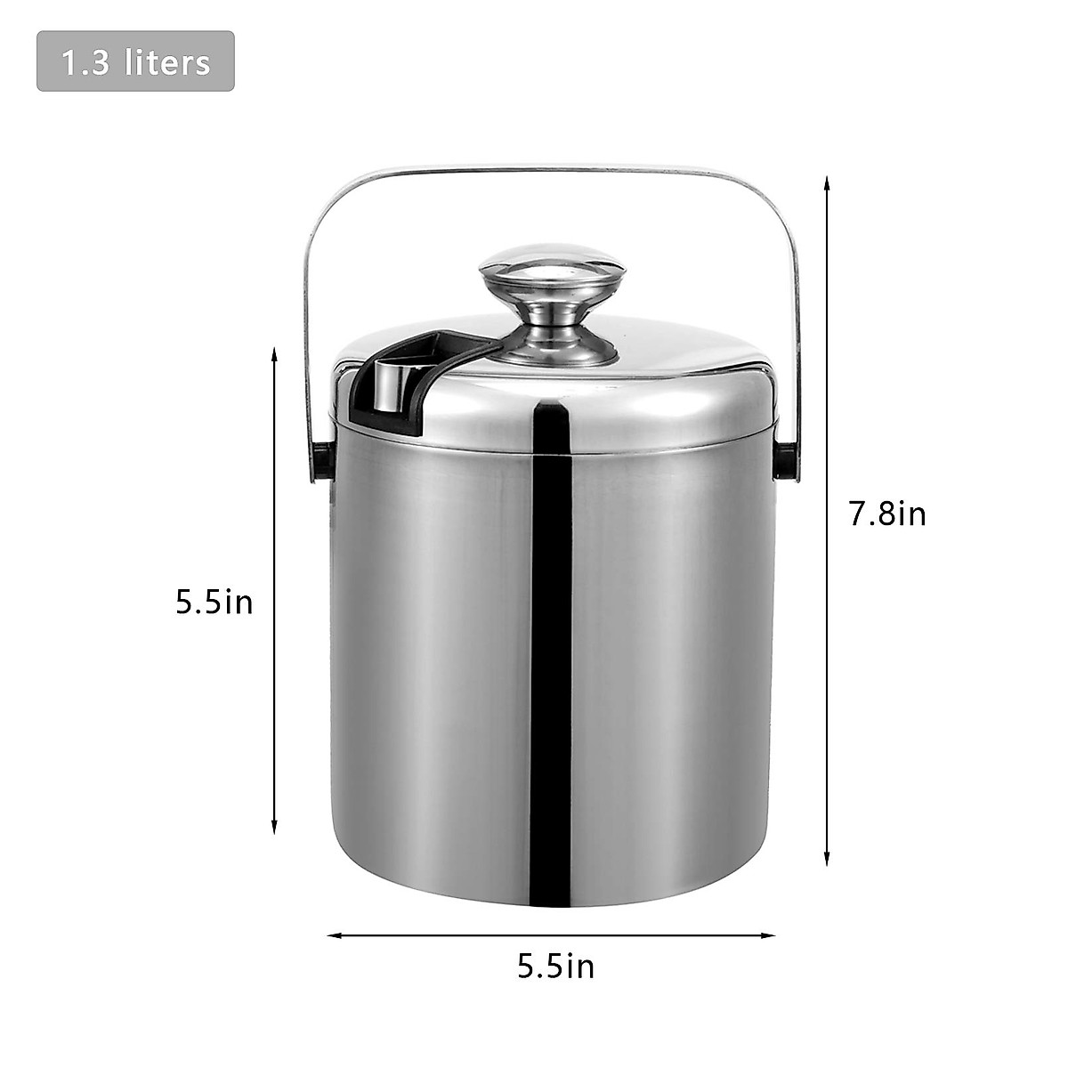 Stainless Steel Ice Buckets with Lid and Tongs Included Strainer Double-Walled Bar Ice Bucket Set for Home Bar and Parties 1.3L