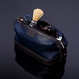 Vetell Leo Large Leather Men's Travel Toiletry and Shaving Case Bag with Upper and Lower Zippered Compartments, 3 Interior Loops and Carrying Handles