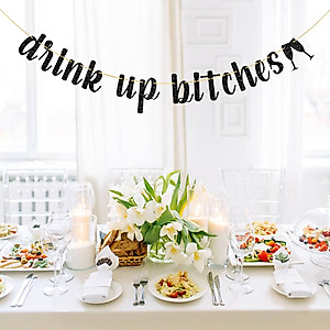 Belrew Drink Up Bitches Banner, Birthday Party Decor, Farewell Retirement Party, Bridal Shower, Bachelorette Hen Party Decoration Banner Supplies, Glittery Black