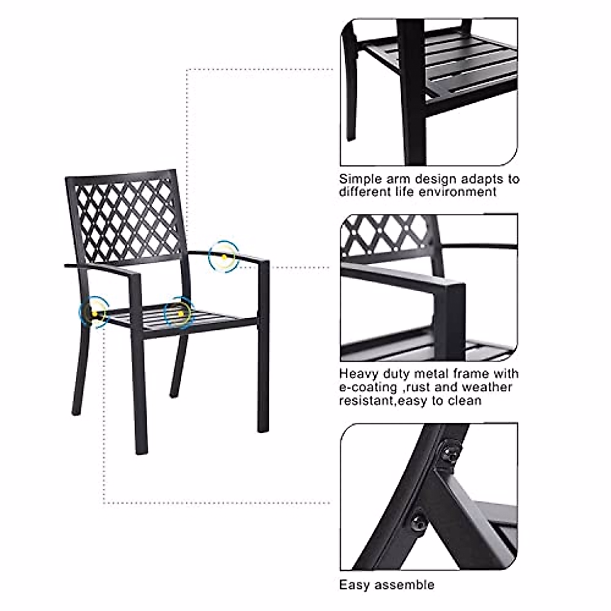 MFSTUDIO Black Metal Patio Stacking Chairs Wave Back Indoor Outdoor Dining Set Wrought Iron Chair with Arm, Set of 6
