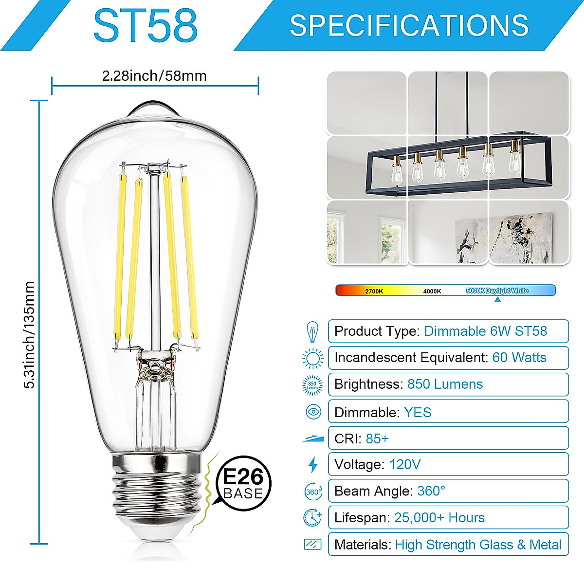 MAXvolador 12-Pack Dimmable Vintage LED Edison Bulb 60W Equivalent, 6W 850Lumens Edison Light Bulbs 5000K, ST58 Antique LED Filament Bulb, E26 Base