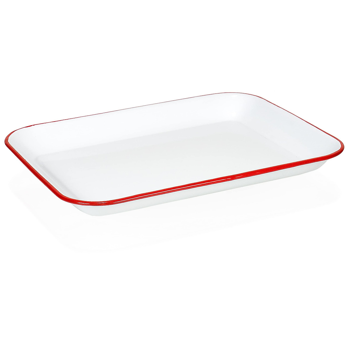Red Co. 13.5” x 10” Enamelware Metal Classic 1.6-Quart Rectangular Serving Tray, Solid White/Red Rim