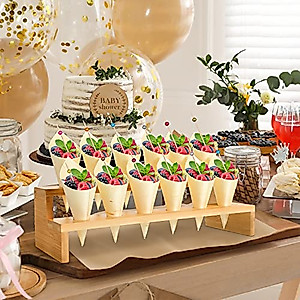 150 Disposable Wooden Cones with 2 Pack 12 Holes Ice Cream Cone Display Stand Charcuterie Cones Holder Stand 150 Fancy Toothpicks for Appetizers Wedding Decoration（Brown）