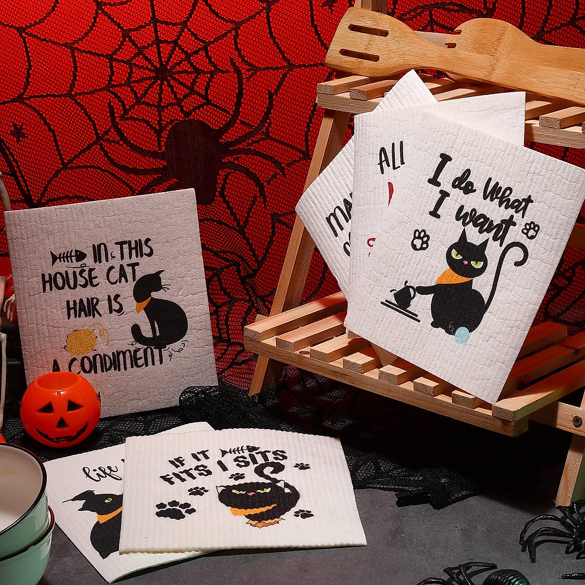 6 Pcs Funny Black Cat Swedish Kitchen Dishcloths, Reusable Sponge Swedish Cleaning Cloths Washable Dish Cloths Absorbent and Halloween Decorative Kitchen Towels Housewarming Gifts for Kitchen Bathroom