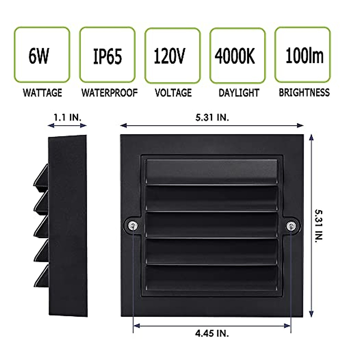 ZONK Step Lights Outdoor Indoor 120V, Waterproof LED Wall Mount Stair Lights, Plastic Landscape Staircase Deck Lighting, 4000K, Black Finish