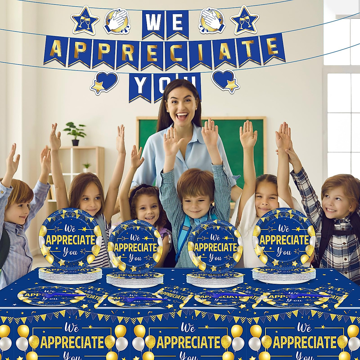 97 Pcs We Appreciate You Decorations for Thank You Party Plates and Napkins Set Blue Gold We Appreciate You Banner Tablecloth for Teacher Nurser Doctor Pastor Employee Thanksgiving Supplies
