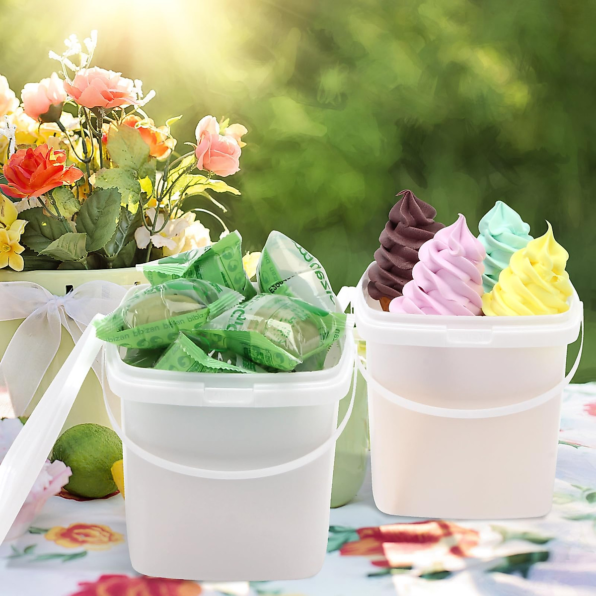 DIICCYO 2L Ice Cream Tub Containers with Lids and Handles, 67 Oz Square Airtight Small Freezer Food Storage Bucket, Plastic Containers Reusable Pail for Home Party Supplies, 12 Pcs