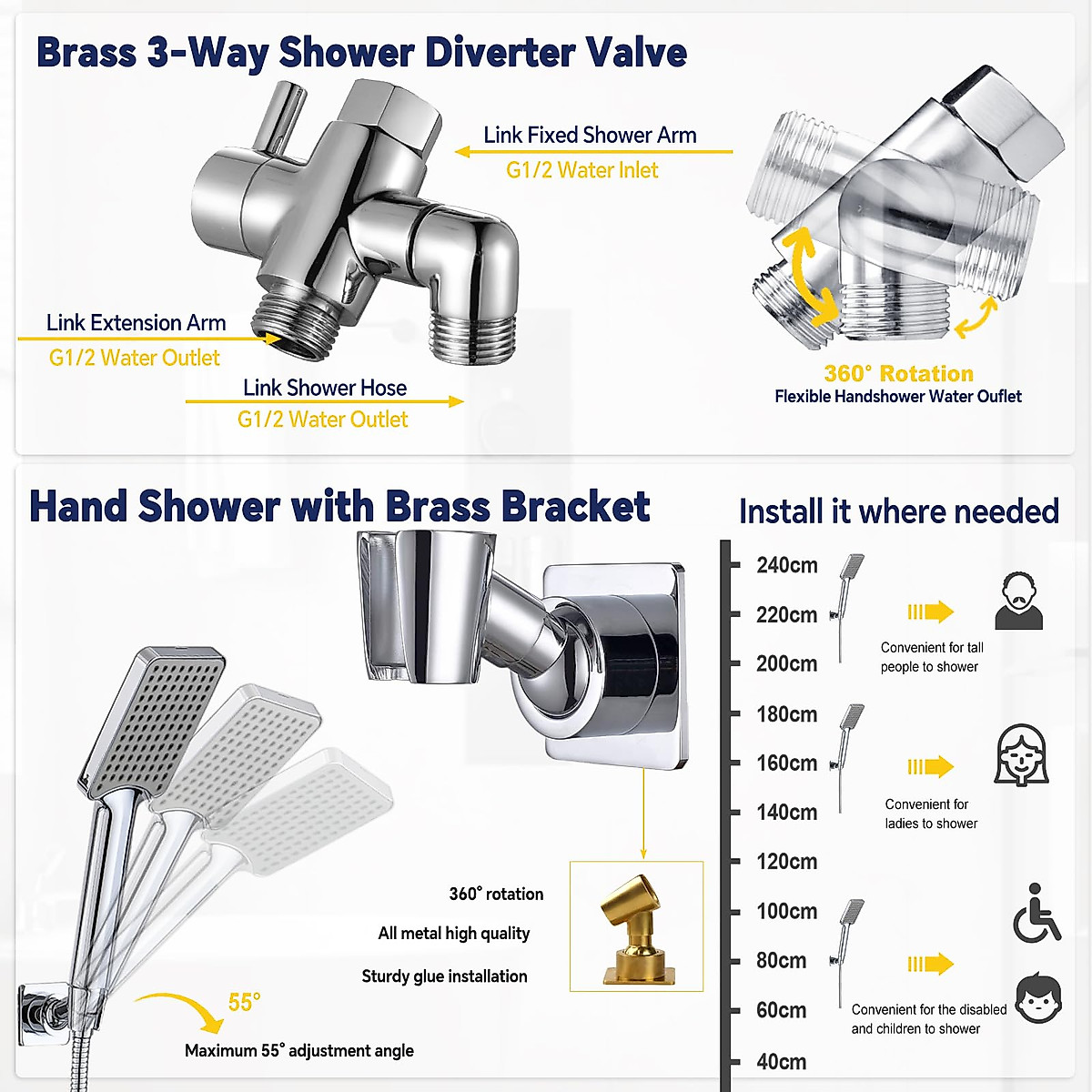 YDmeet 12 Inch Shower Head with Handheld Spray Combo- Rain Shower Head with Handheld- Stainless Steel Height Adjustable 12" Extension Arm with 3 Setting Diverter Extra Long Shower Hose- Chrome