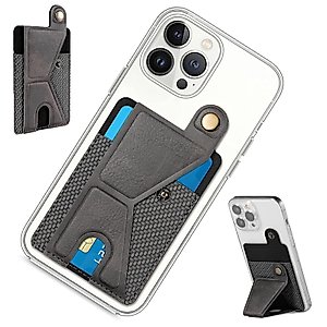 Miimall Phone Card Holder Compatible with iPhone Case, Samsung Galaxy Phone, PU Leather Wallet Pouch with Magnetic Adjustable Kickstand, 3M Adhesive Case Sleeve for Most Smartphones (Black)