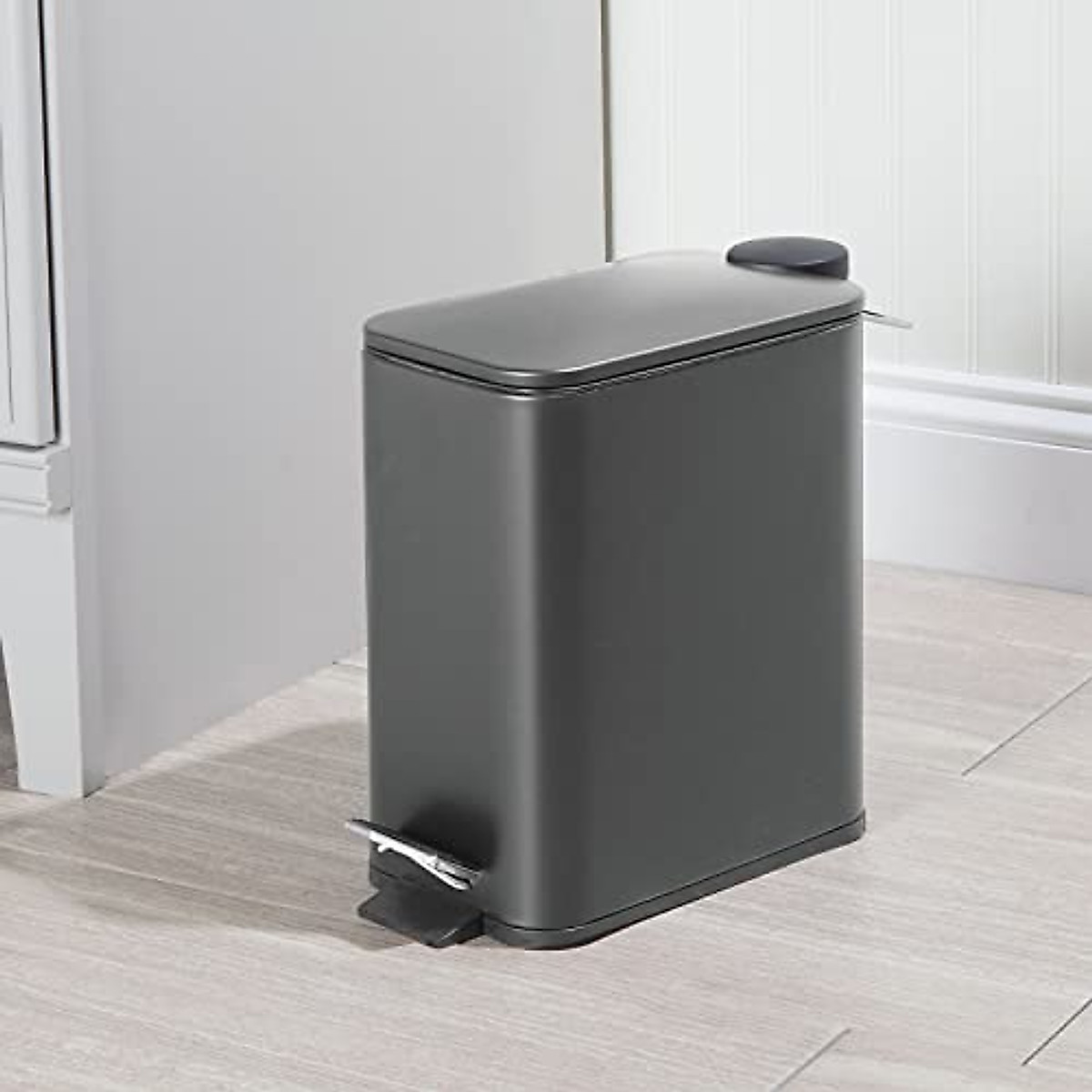 mDesign Slim Metal Rectangle 1.3 Gallon Trash Can with Step Pedal, Easy-Close Lid, Removable Liner - Narrow Wastebasket Garbage Container Bin for Bathroom, Bedroom, Kitchen, Office - Charcoal Gray