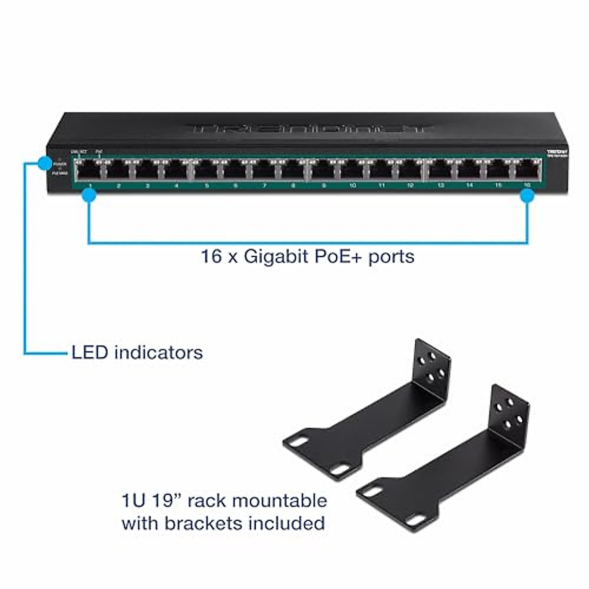 TRENDnet 16-Port Gigabit PoE+ Switch, TPE-TG160H, 123W PoE Power Budget, 32 Gbps Switching Capacity, Desktop Switch, Ethernet Network Switch, Metal, 1U 10" Rack Mountable, Lifetime Protection