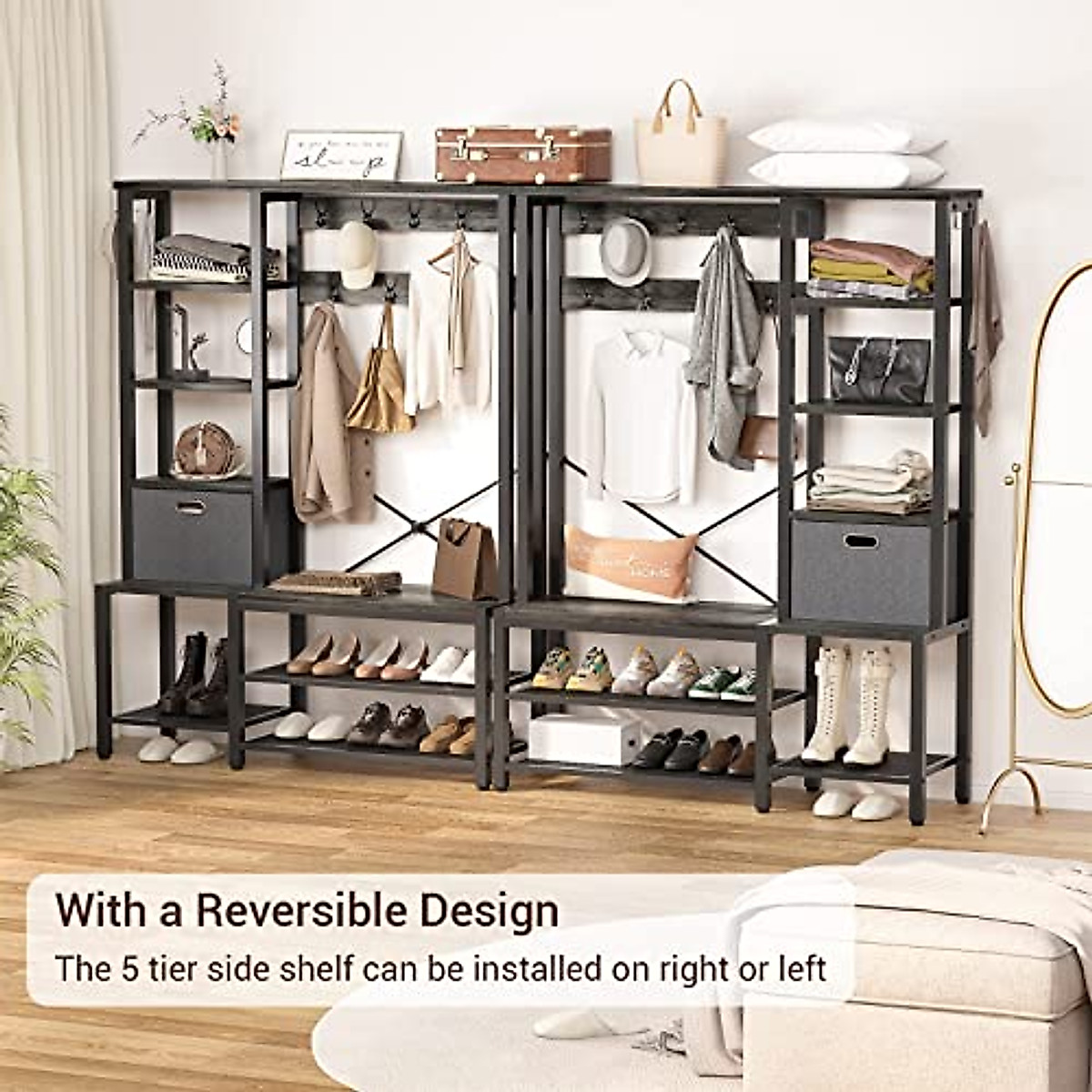 Aheaplus Hall Tree with Storage Bench, Coat Rack, 5-Tier Shelves, Fabric Storage Basket, Side hooks, Industrial 5 in 1 Large Organizer, 72 inch,Wood Look Accent Furniture-Sturdy Metal Frame, Black Oak